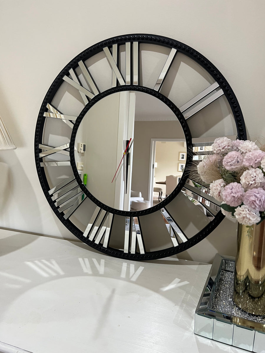 Beaded Round Black Mirrored Wall Clock 75 cm – Silsan Decor